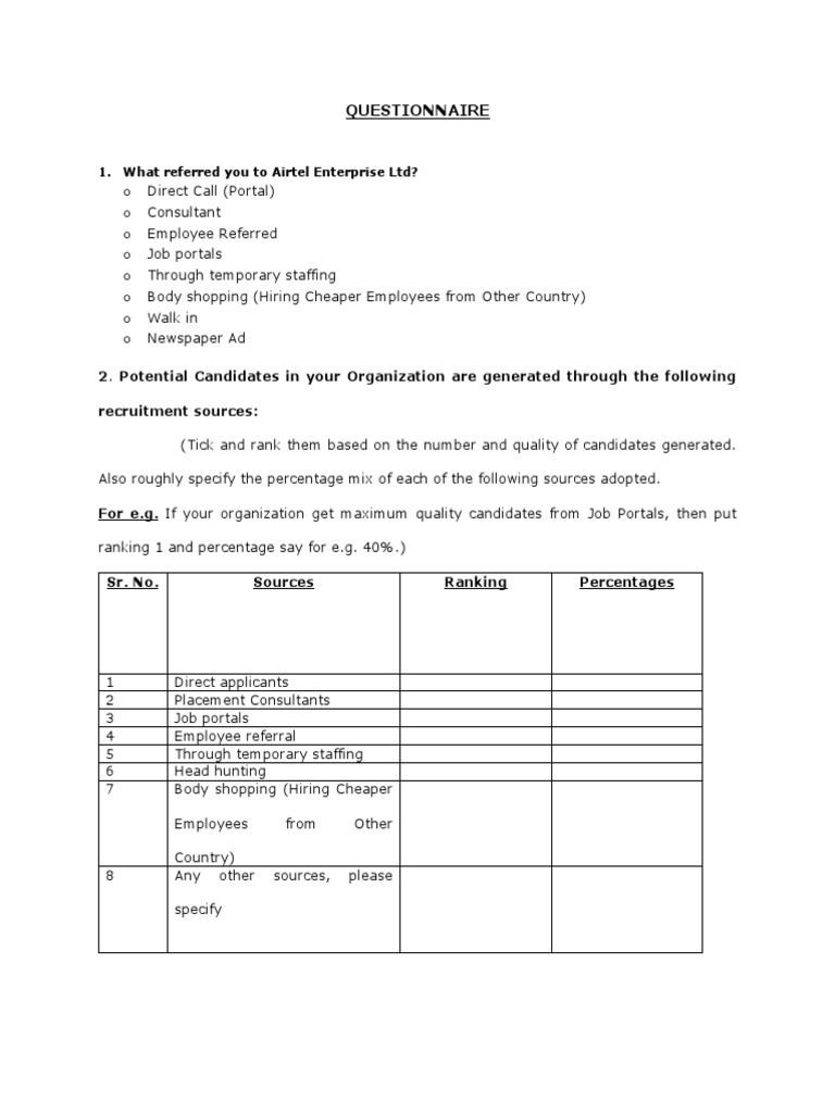 QUESTIONNAIRE On Recruitment | PDF