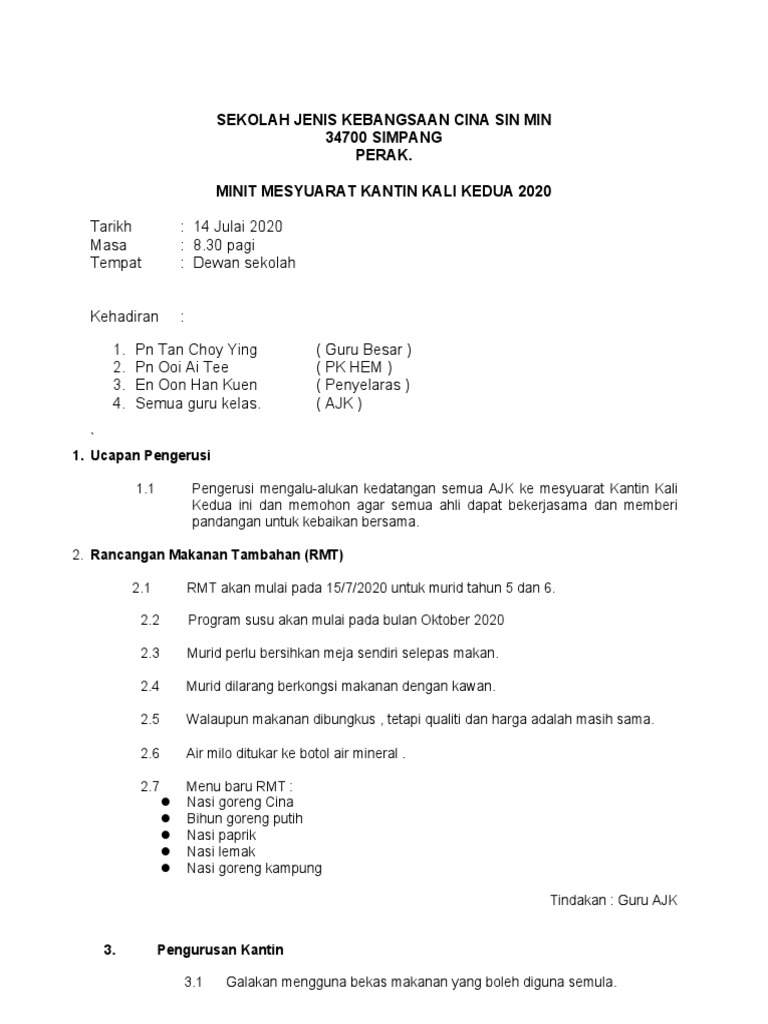Minit-Mesyuarat Kantin Kali 2 2020 | PDF