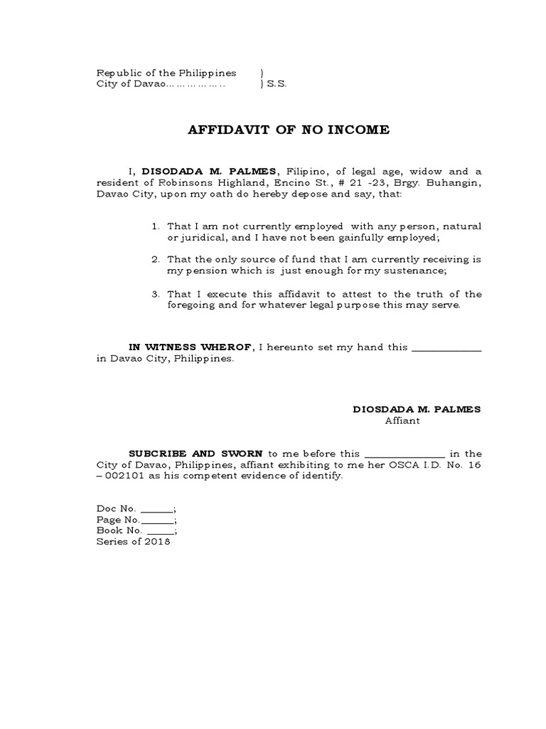 AFFIDAVIT OF NO INCOME