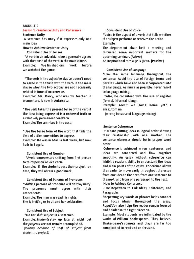 Lesson 1 - Sentence Unity and Coherence: (Wrong Because of Shift of ...