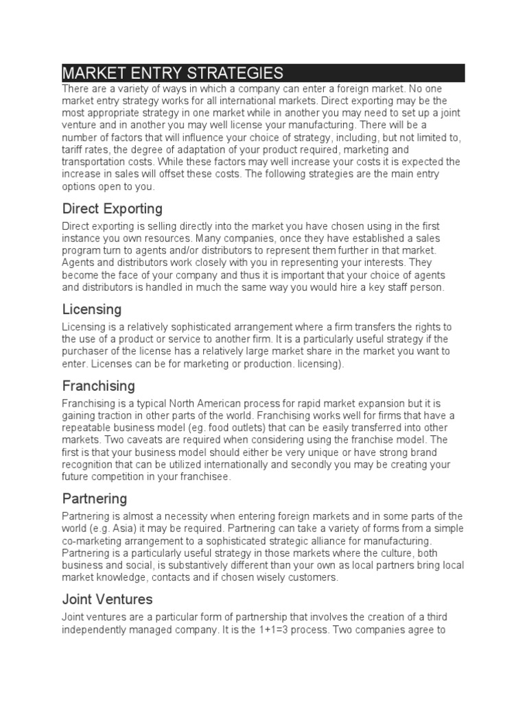 Market Entry Strategies Guide | PDF | Franchising | Joint Venture