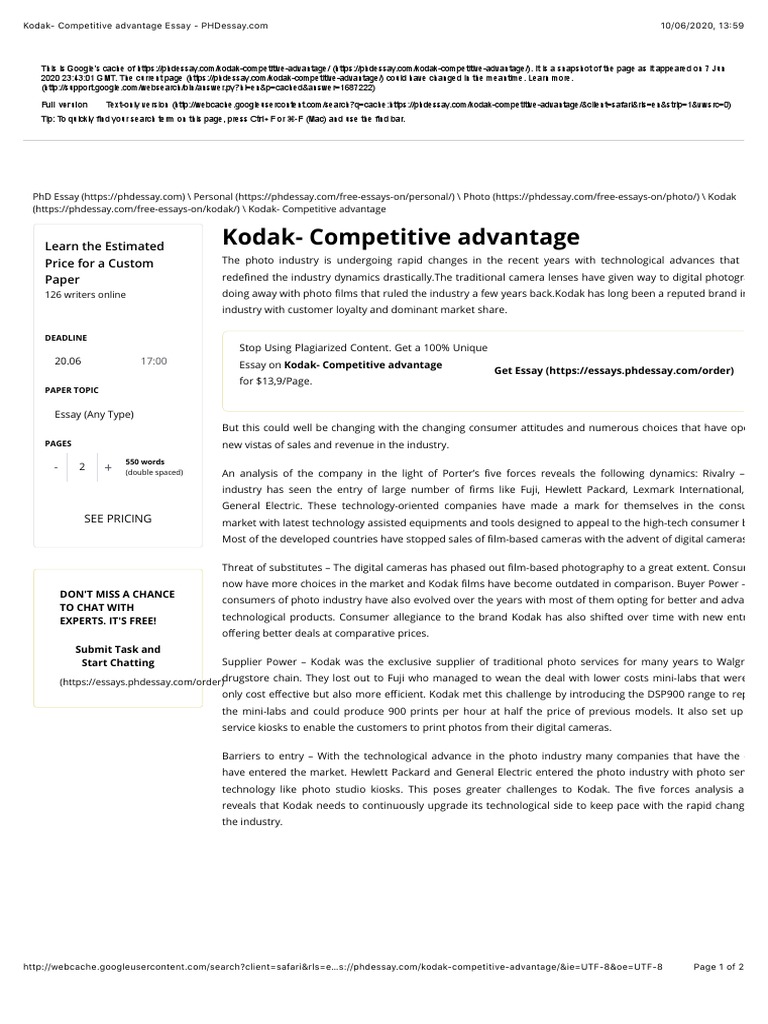 Kodak Competitive Advantage Essay Analysis | PDF | Fujifilm ...