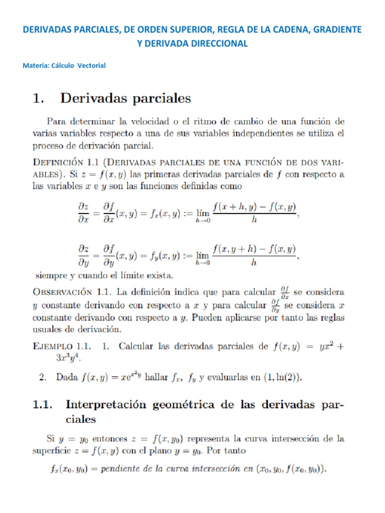 Derivadas Parciales, Derivadas de Orden Superior, Regla de La Cadena, Gradiente y Derivada ...