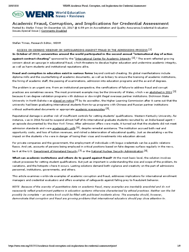 Academic Fraud, Corruption, and Implications For Credential Assessment ...