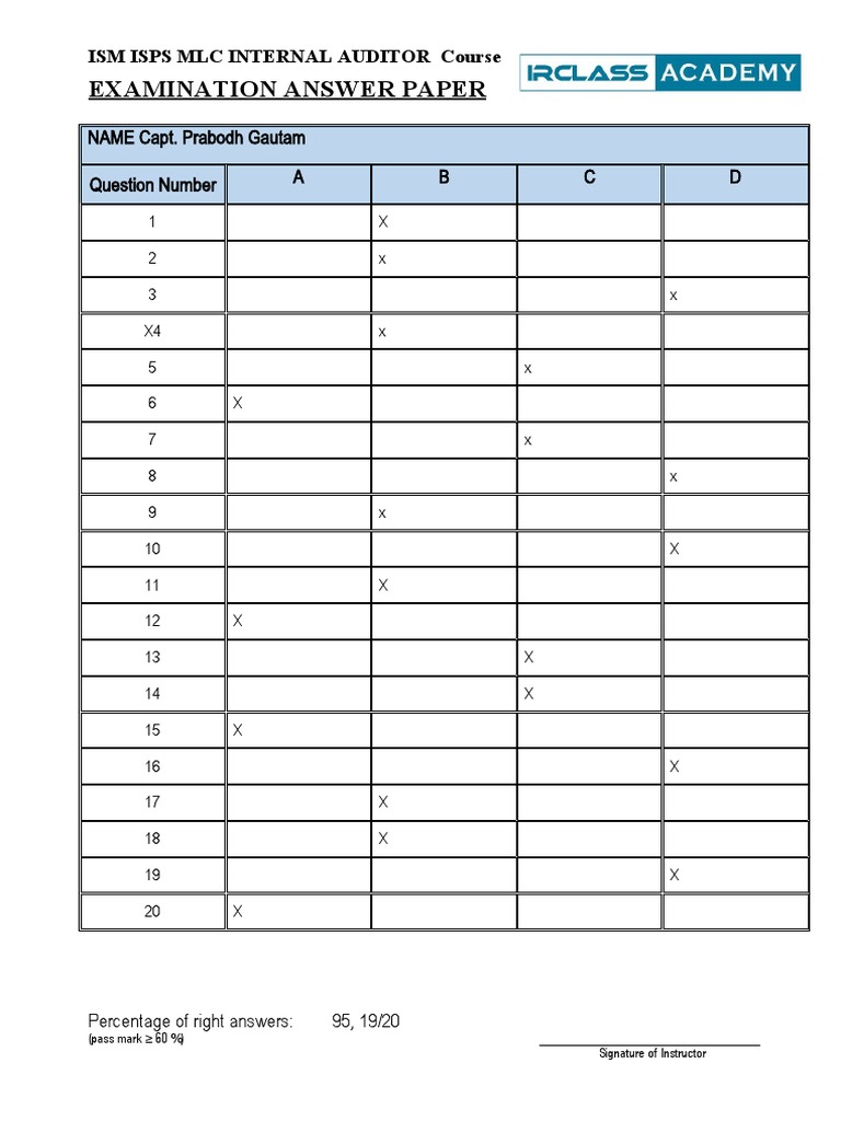 ISM ISPS MLC I TRAINING - Test - Answer - Sheet | PDF