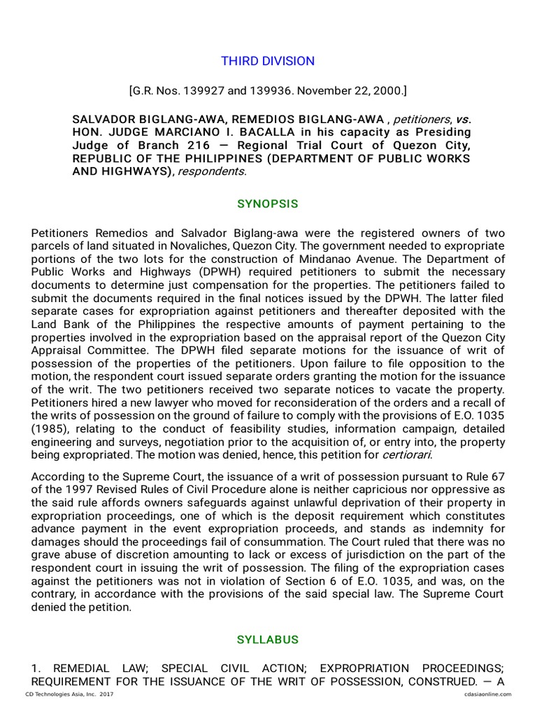 2000-Biglang-Awa v. Bacalla PDF | PDF | Eminent Domain | Writ