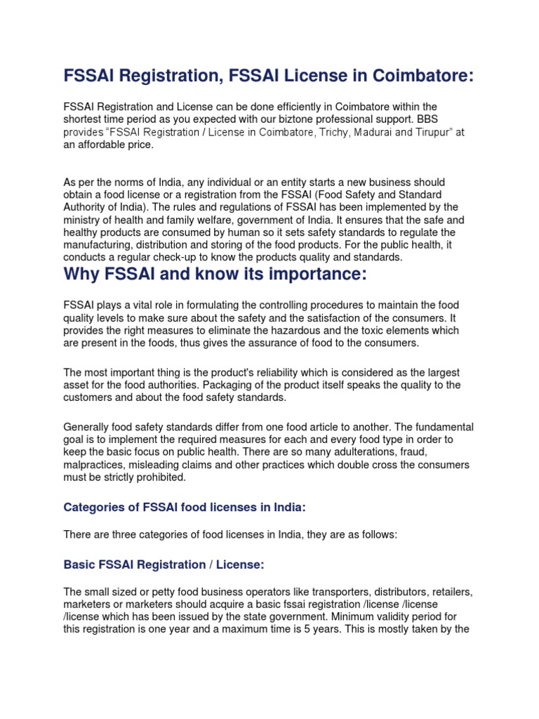 FSSAI Registration in Coimbatore, Get FSSAI License in 1-Day - Biztone ...