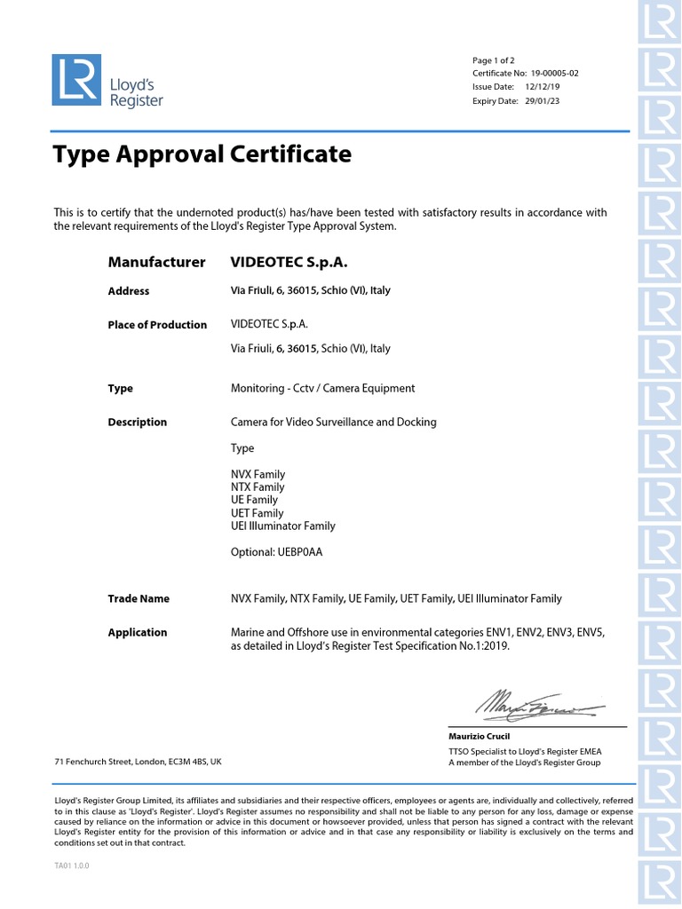 Type Approval Certificate: Manufacturer Videotec S.P.A | PDF | Closed ...