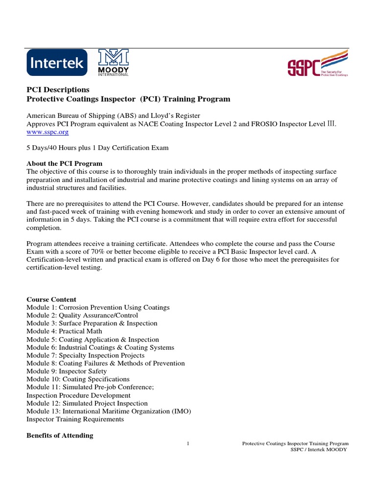 PCI Descriptions Protective Coatings Inspector (PCI) Training Program ...