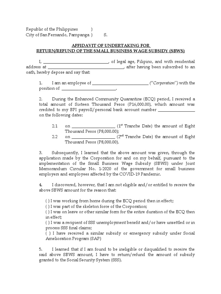SSS 09 16 2020 Undertaking To Refund SBWS | PDF | Affidavit | Government