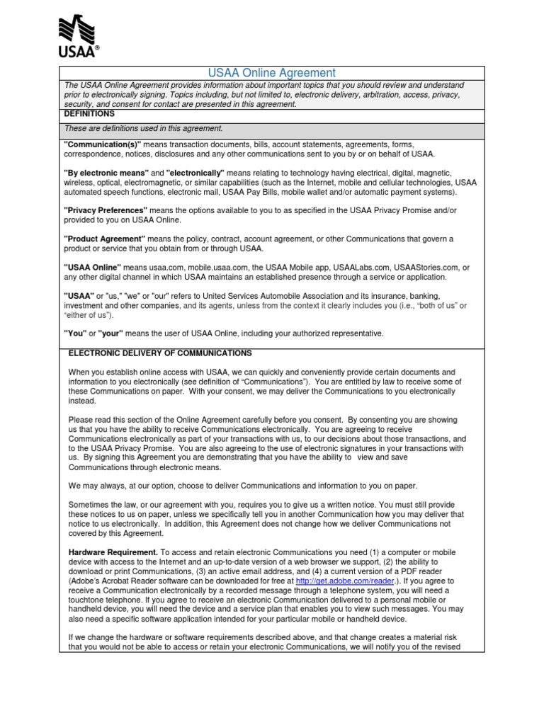 USAAOnlineAgreement Fix View | PDF | Arbitration | Class Action