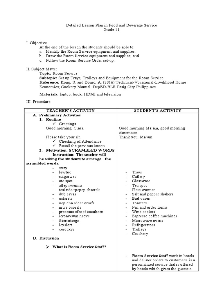 Detailed Lesson Plan in Food and Beverage Service | PDF | Food And ...