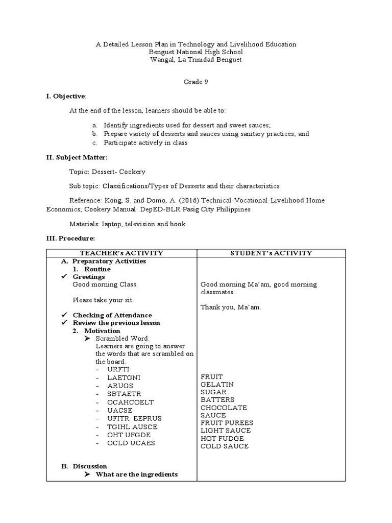 A Detailed Lesson Plan in Technology and Livelihood Education | PDF ...