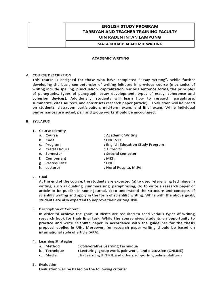 Academic Writing Syllabus: Course Description and Learning Objectives ...