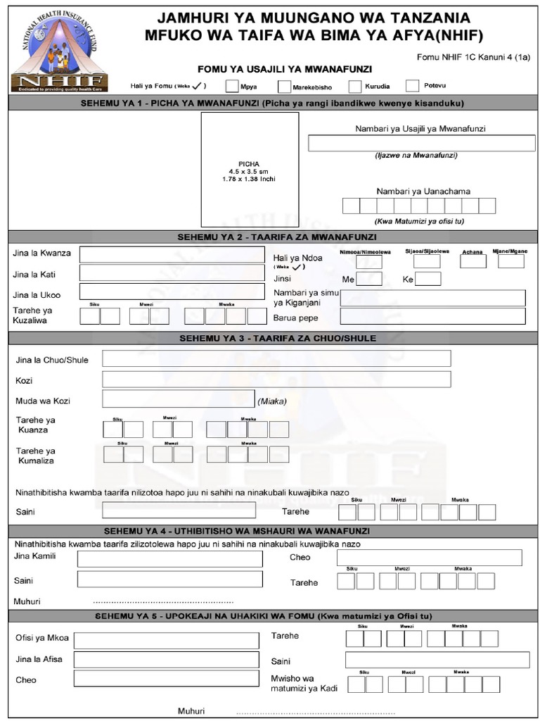 Fomu Ya NHIF Ya Usajili Wa Mwanafunzi | PDF