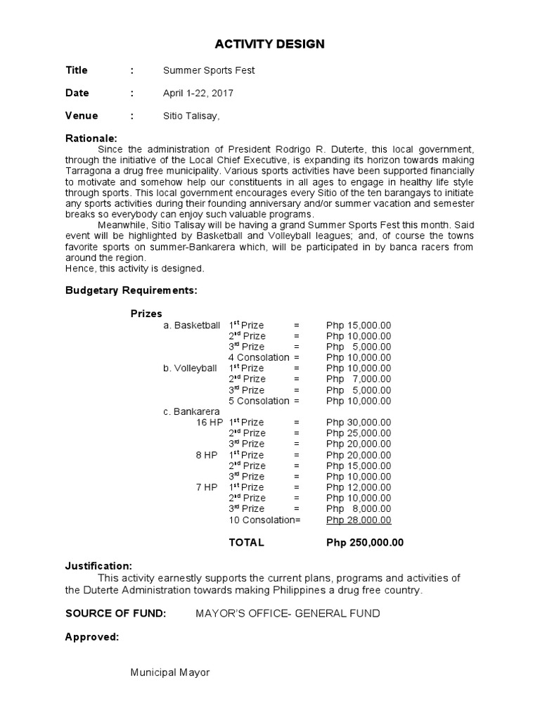 Activity Design (Talisay) 1 | PDF | Philippines | Sports