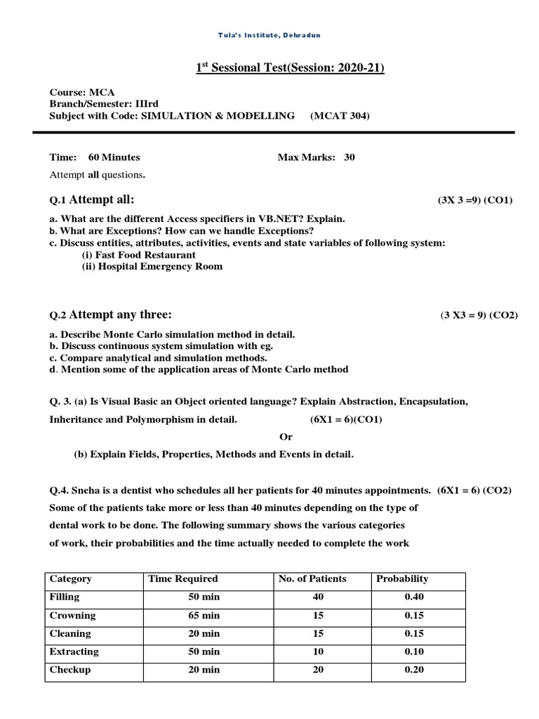 Simulation & Modelling 1st Sessional Test Question Paper | PDF | Visual ...