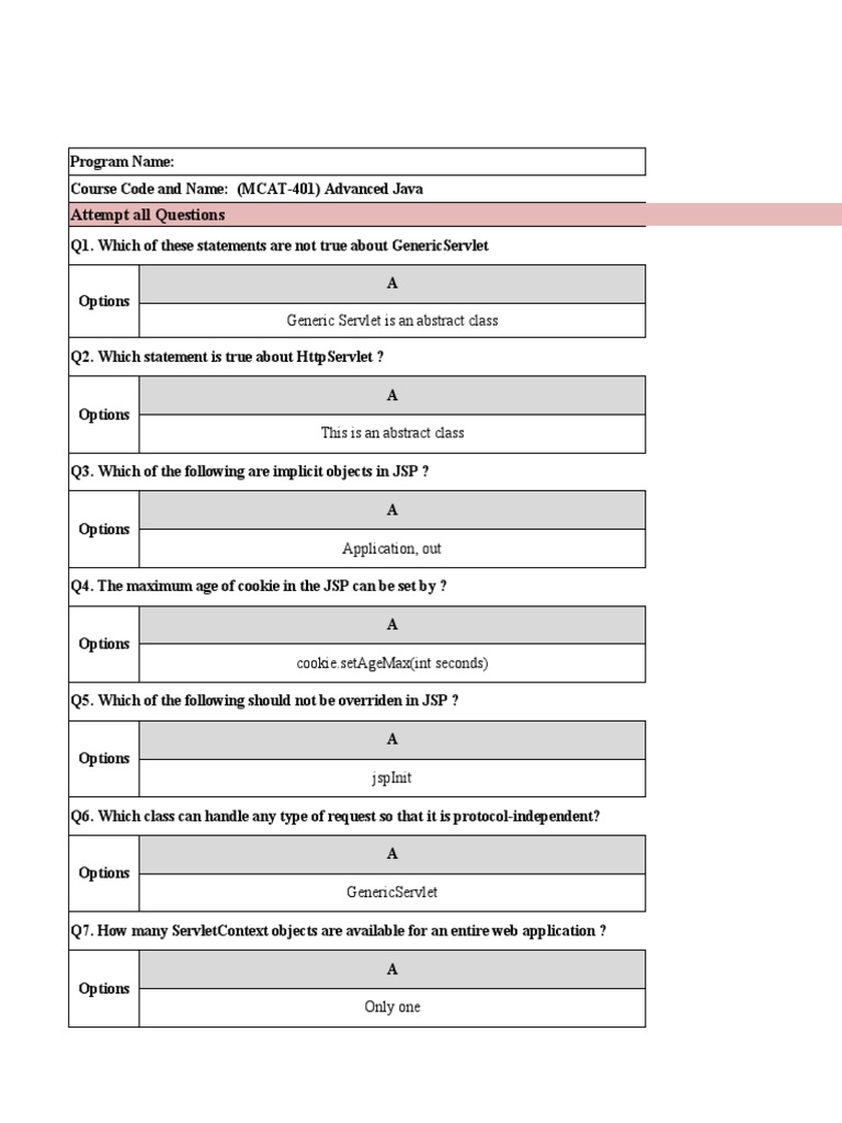 MCA 401 Advanced Java Question Paper | PDF | Java Servlet | Java Server Pages