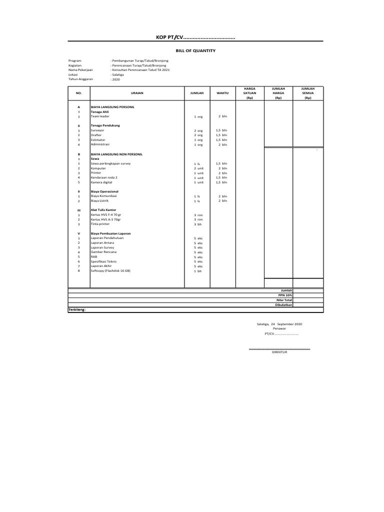 BQ Konsultan Perencana Talud 2020 | PDF