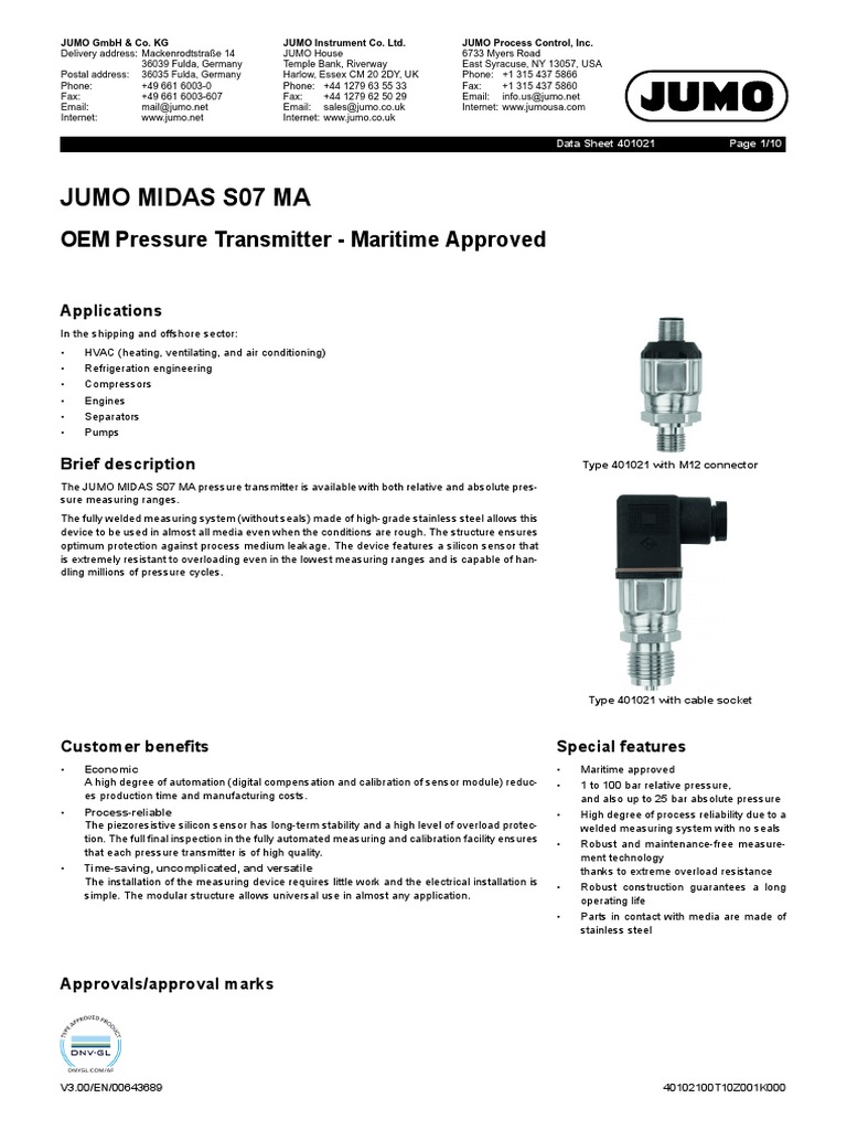 Jumo Midas S07 Ma: OEM Pressure Transmitter - Maritime Approved | PDF ...