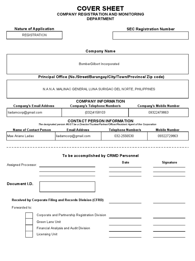 SEC Cover Sheet for Company Registration | PDF