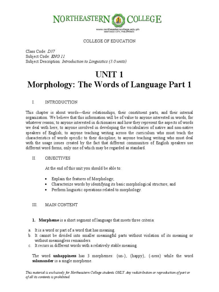 Unit 1 Morphology: The Words of Language Part 1: 1. Morpheme Is A Short ...