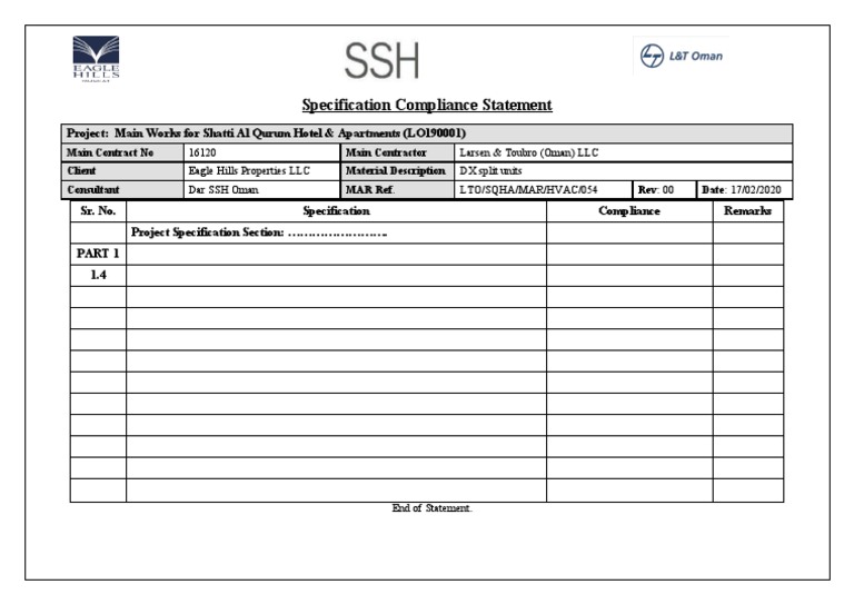 Specification Compliance Statement: Project: Main Works For Shatti Al ...