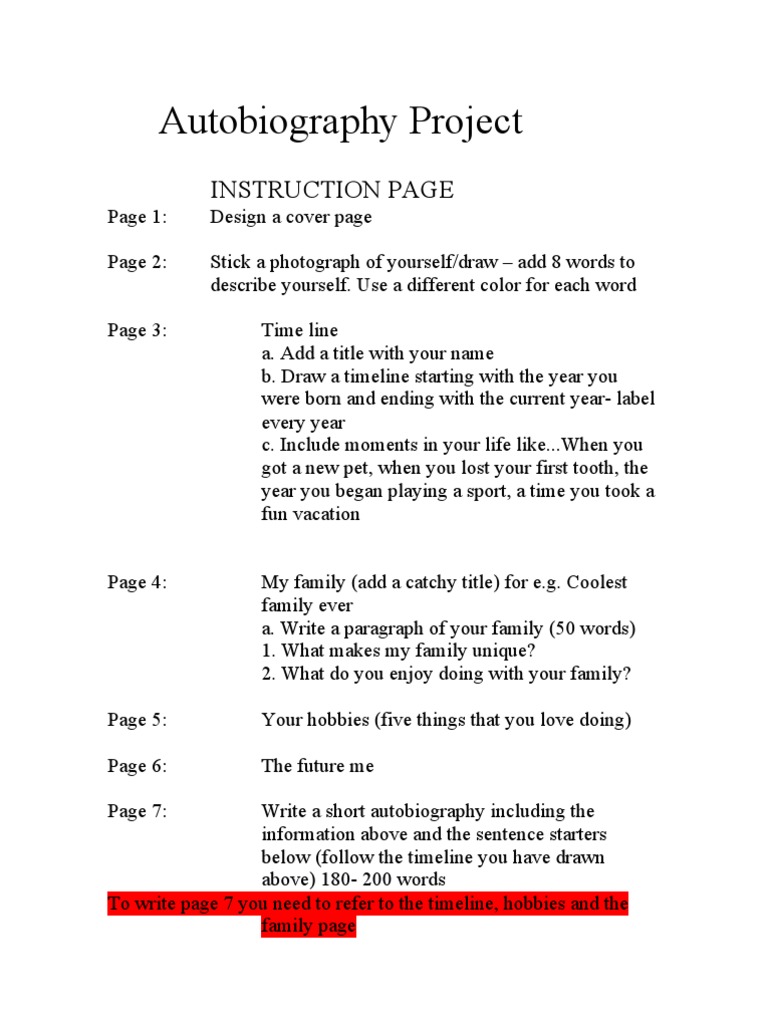 Autobiography Project: Instruction Page | PDF