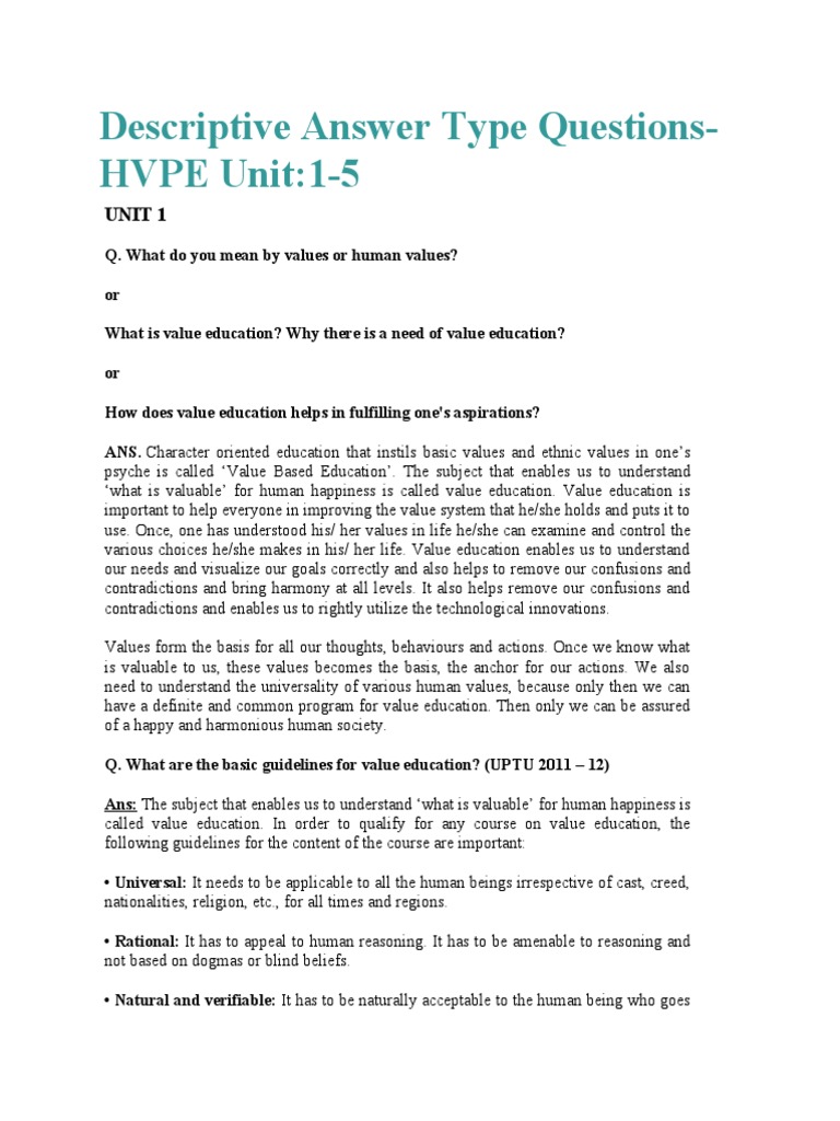 Descriptive Answer Type Questions-HVPE Unit:1-5 | PDF | Happiness ...