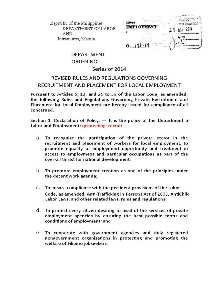 Department Order No. Series of 2014 Revised Rules and Regulations Governing Recruitment and ...
