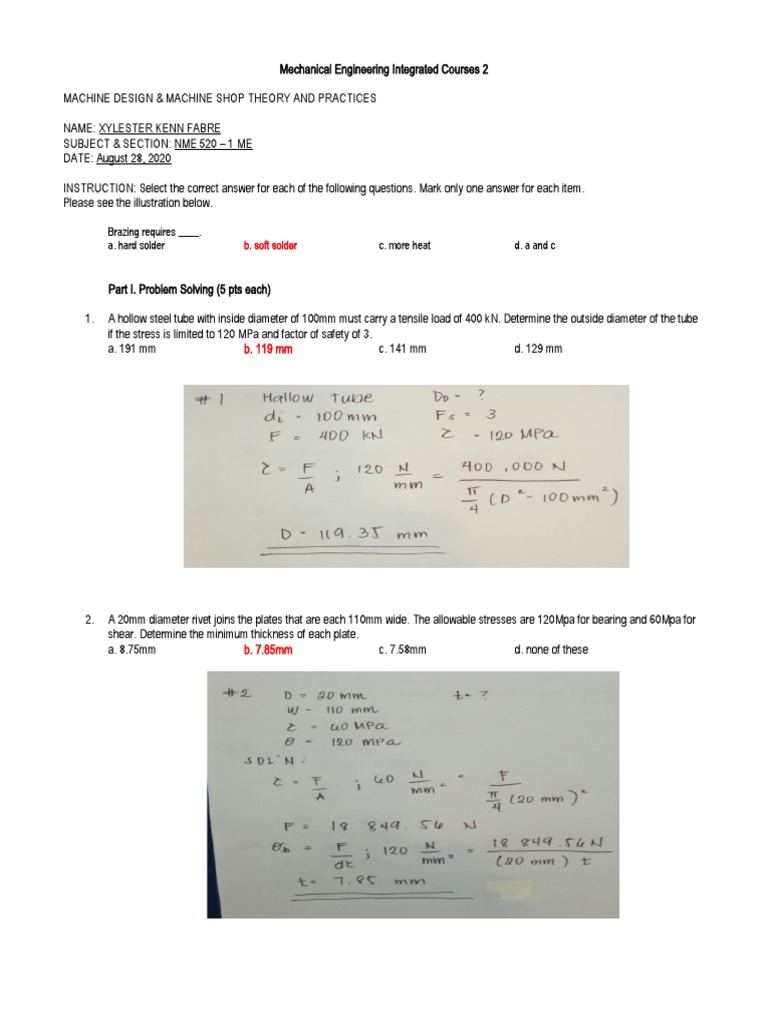 Machine Design & Shop Theory Quiz | PDF | Strength Of Materials ...