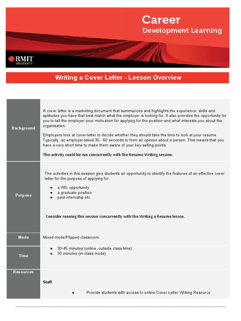 Lesson Overview and LessonPlan 2 CoverLetterWriting | PDF | Résumé ...
