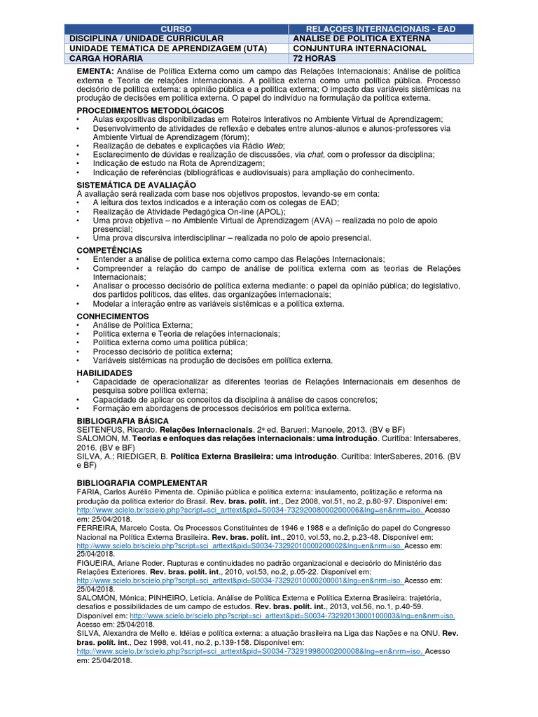 Plano de Ensino - Analise de Politica Externa | PDF | Educação à ...
