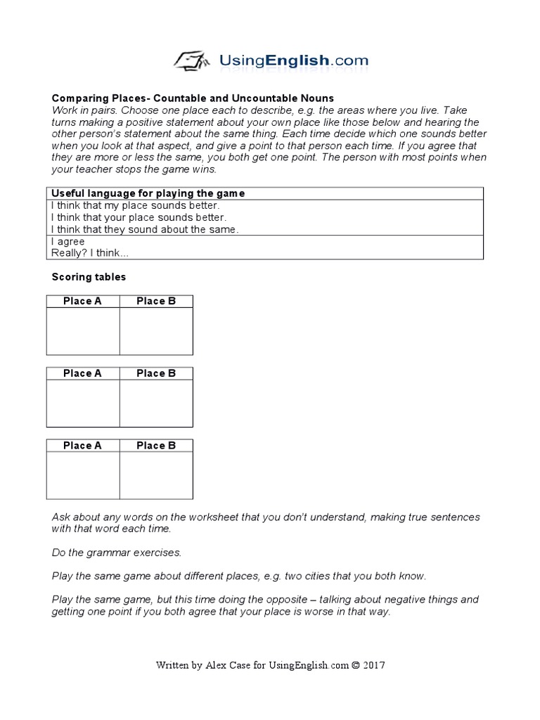 Comparing Places-Countable and Uncountable Nouns | Download Free PDF ...