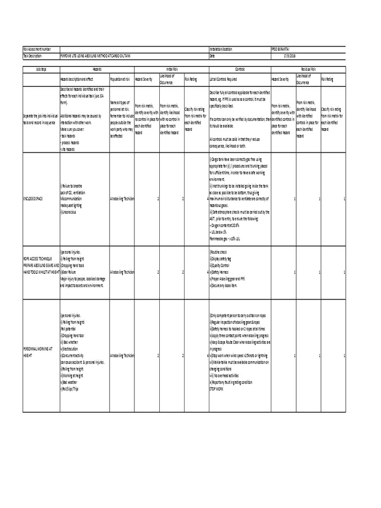 Level 2 Risk Assessment Form - UTTM - Rev0 | PDF | Hazards | Risk Assessment