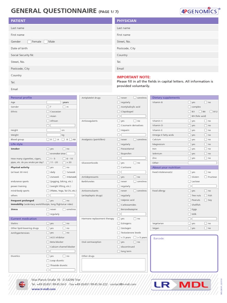 General Questionnaire: Patient Physician | PDF | Menopause | Blood Pressure