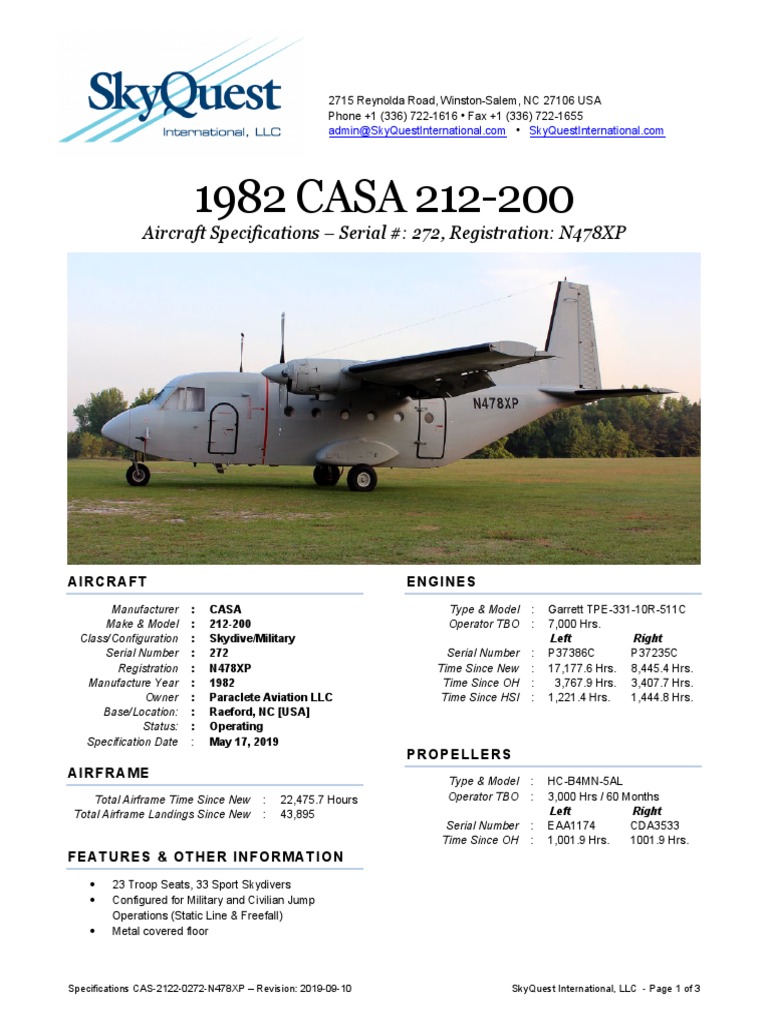 1982 CASA 212-200-Specifications | PDF | Aviation | Aircraft