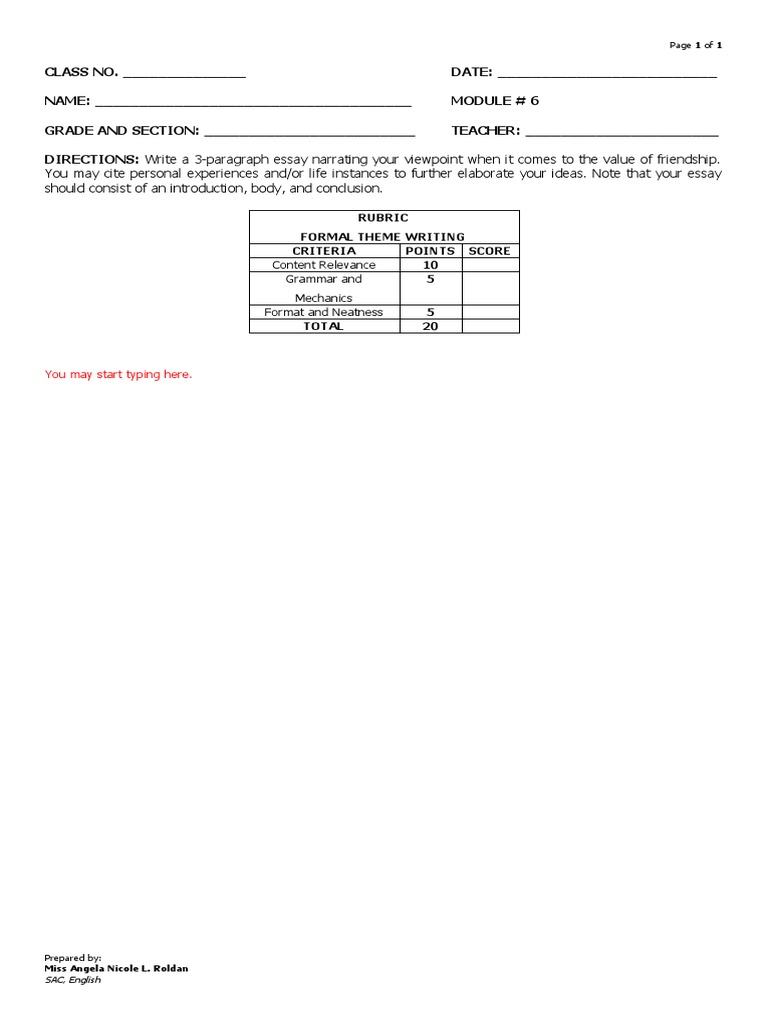 TEMPLATE Formal Theme Writing | PDF