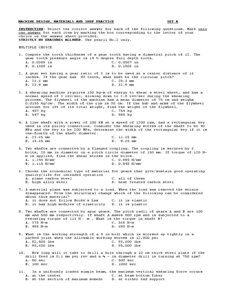 Machine Design, Materials and Shop Practice INSTRUCTION: Select The ...