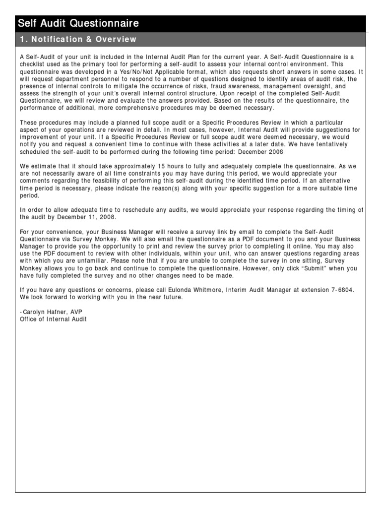 Self-Audit Questionnaire Overview | PDF | Internal Control | Internal Audit
