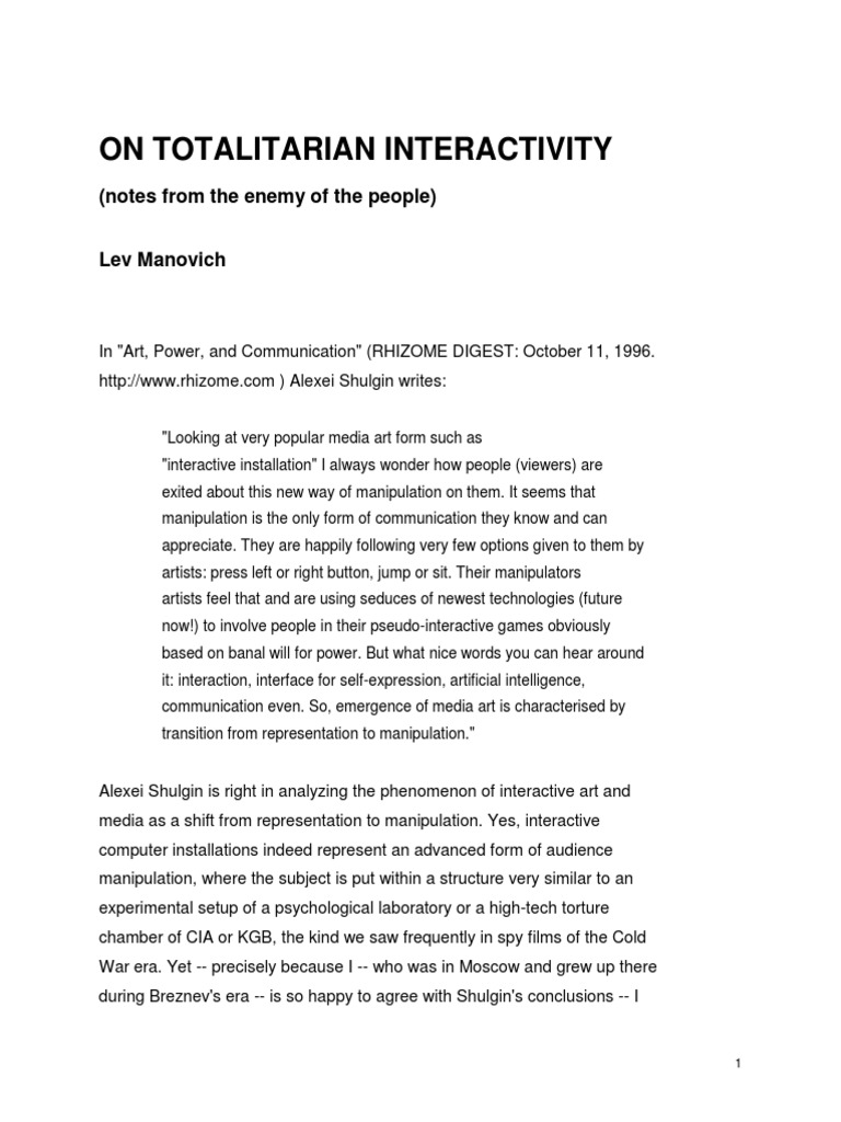 On Totalitarian Interactivity: (Notes From The Enemy of The People ...