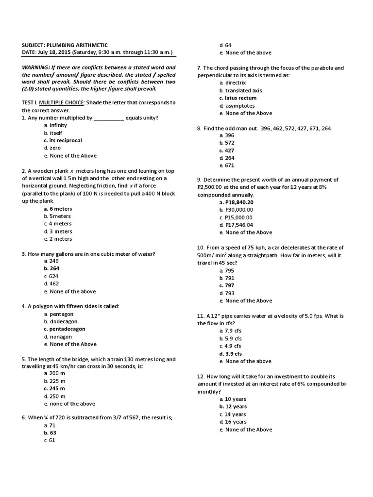 Plumbing Arithmetic Exam Questions | PDF | Circle | Area