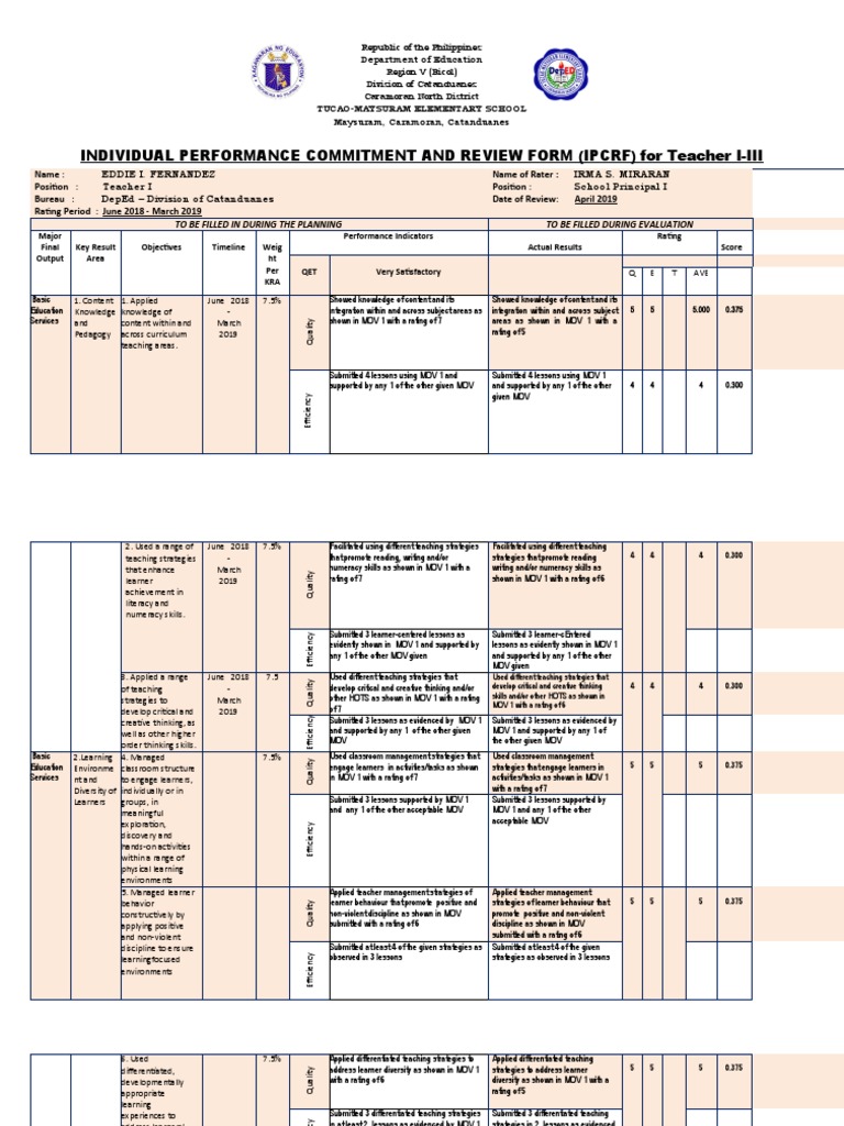Individual Performance Commitment and Review Form (Ipcrf) For Teacher I ...