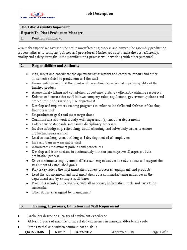 Assembly Supervisor Job Description | PDF | Supervisor | Quality (Business)