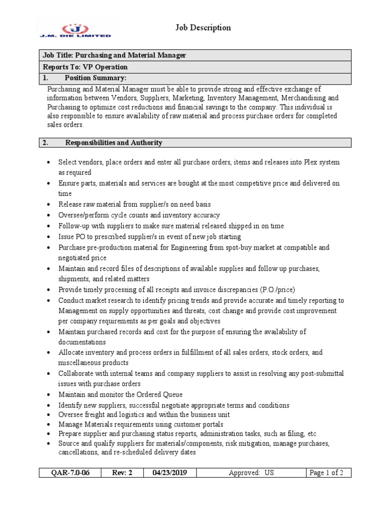 Job Description Purchasing and Material Manager | PDF | Supply Chain ...