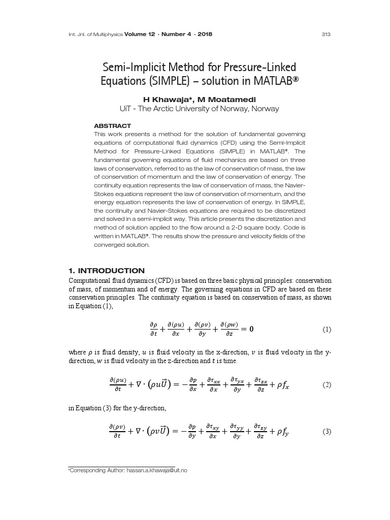 Semi-Implicit Method For Pressure-Linked Equations (SIMPLE) - Solution in MATLAB® | PDF | Navier ...