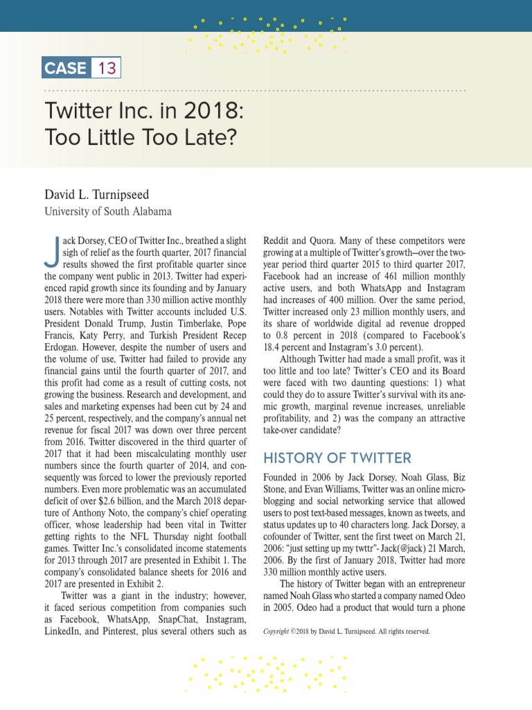 Twitter Inc. in 2018: Too Little Too Late?: David L. Turnipseed | PDF ...
