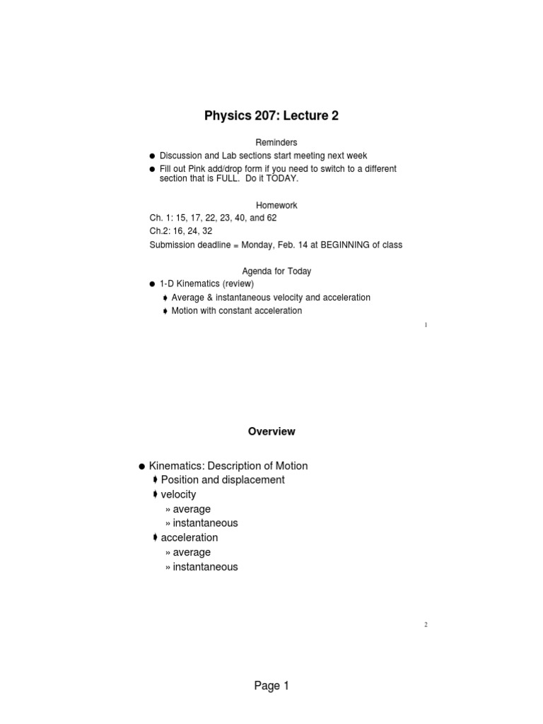 Physics 207: Lecture 2 | PDF | Velocity | Kinematics
