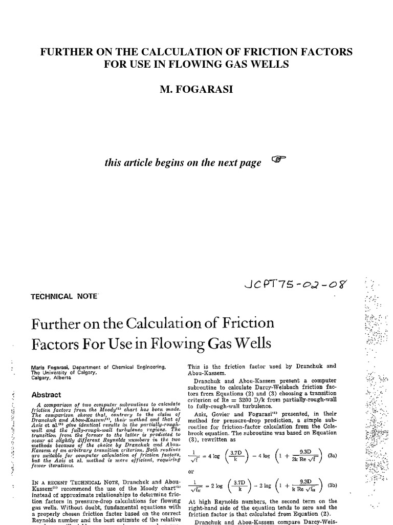 Further On The Calculation of Friction Factors For Use in Flowing Gas ...