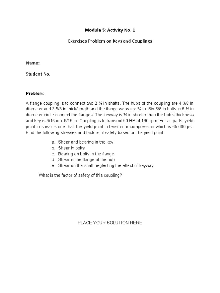Exercises Problem No. 1 Keys and Coupling-2 | PDF
